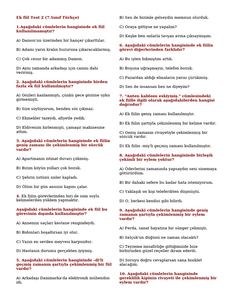 Ek Fiil Test 2 7.sınıf Türkçe | PDF