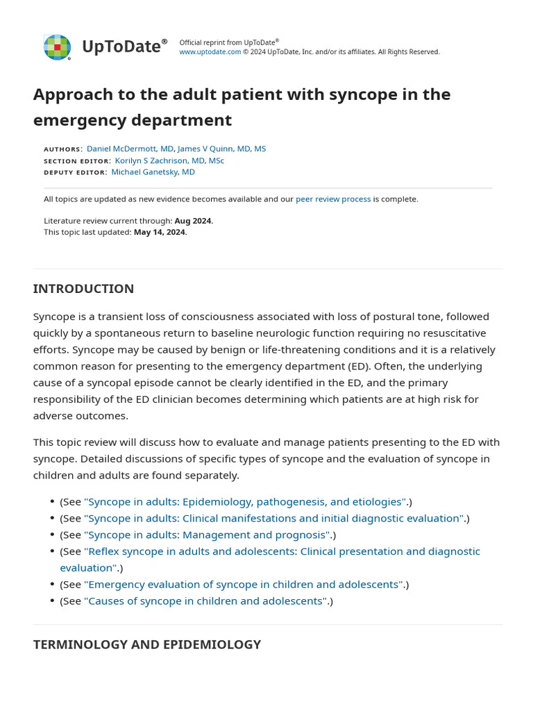 Approach To The Adult Patient With Syncope in The Emergency Department ...