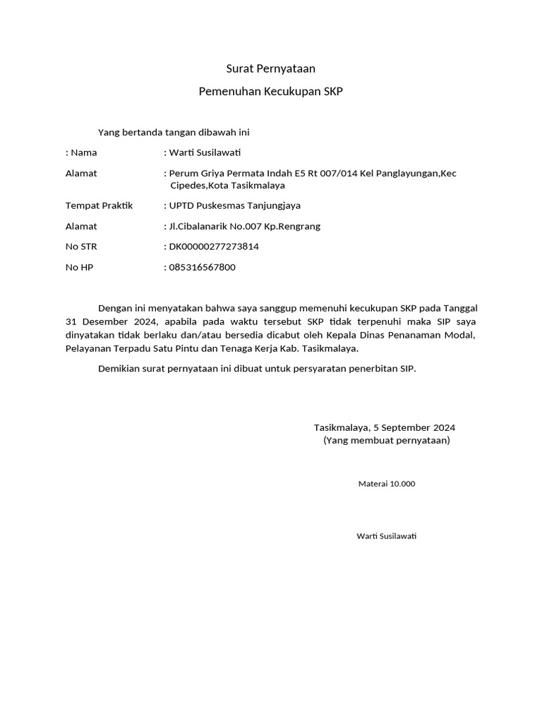Surat Pernyataan Kecukupan SKP New | PDF