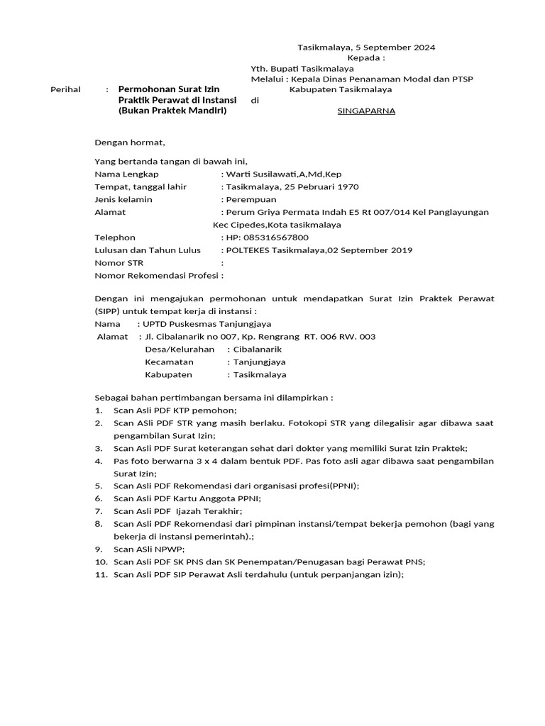 Form Permohonan SIP Perawat Fredy | PDF