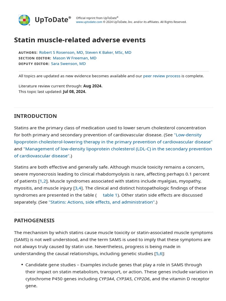 Statin Muscle-Related Adverse Events - UpToDate | PDF | Statin | Vitamin D