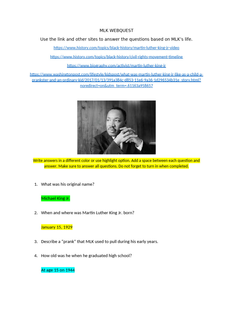 MLK Webquest | PDF | Martin Luther King Jr. | Movements For Civil Rights