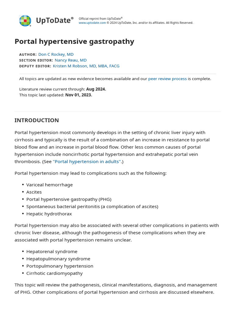 Portal Hypertensive Gastropathy - UpToDate | PDF | Cirrhosis | Endoscopy
