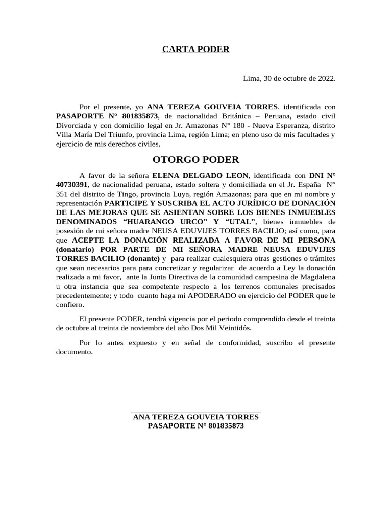 Carta Poder Ana Cicuveia para Donacion | PDF