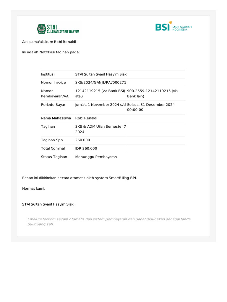 STAI Sultan Syarif Hasyim Siak (STAI Sultan Syarif Hasyim Siak) Notifikasi Invoice SKS - 2024 ...