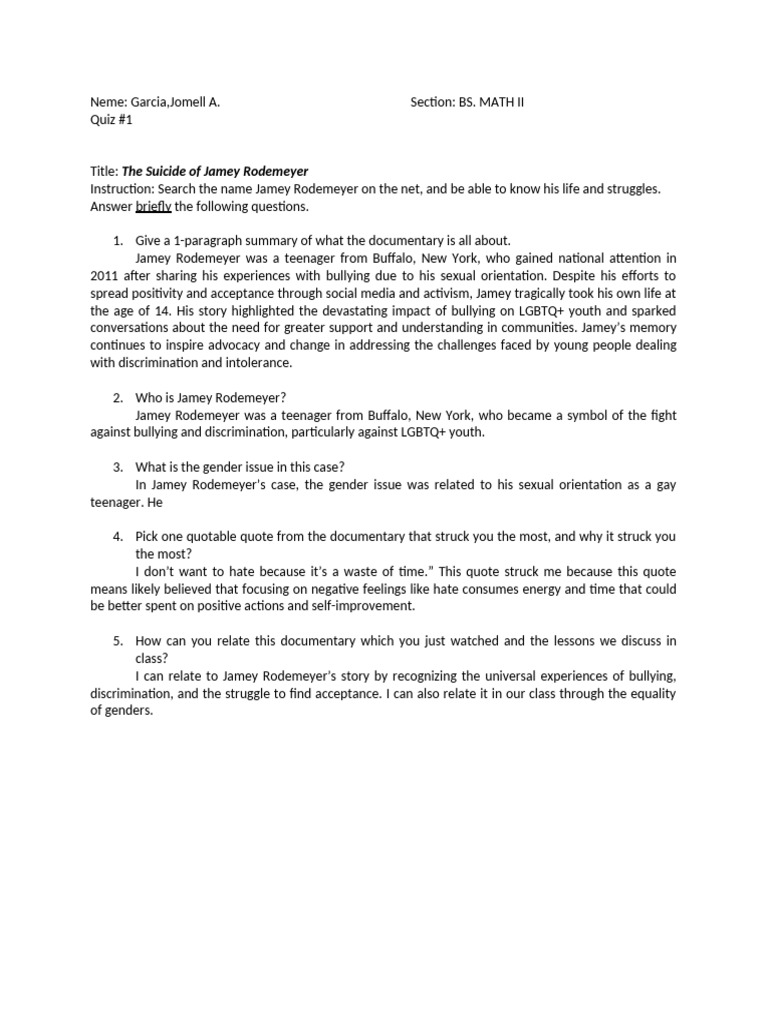 Jamey Rodemeyer: A Tragic Story of Bullying | PDF