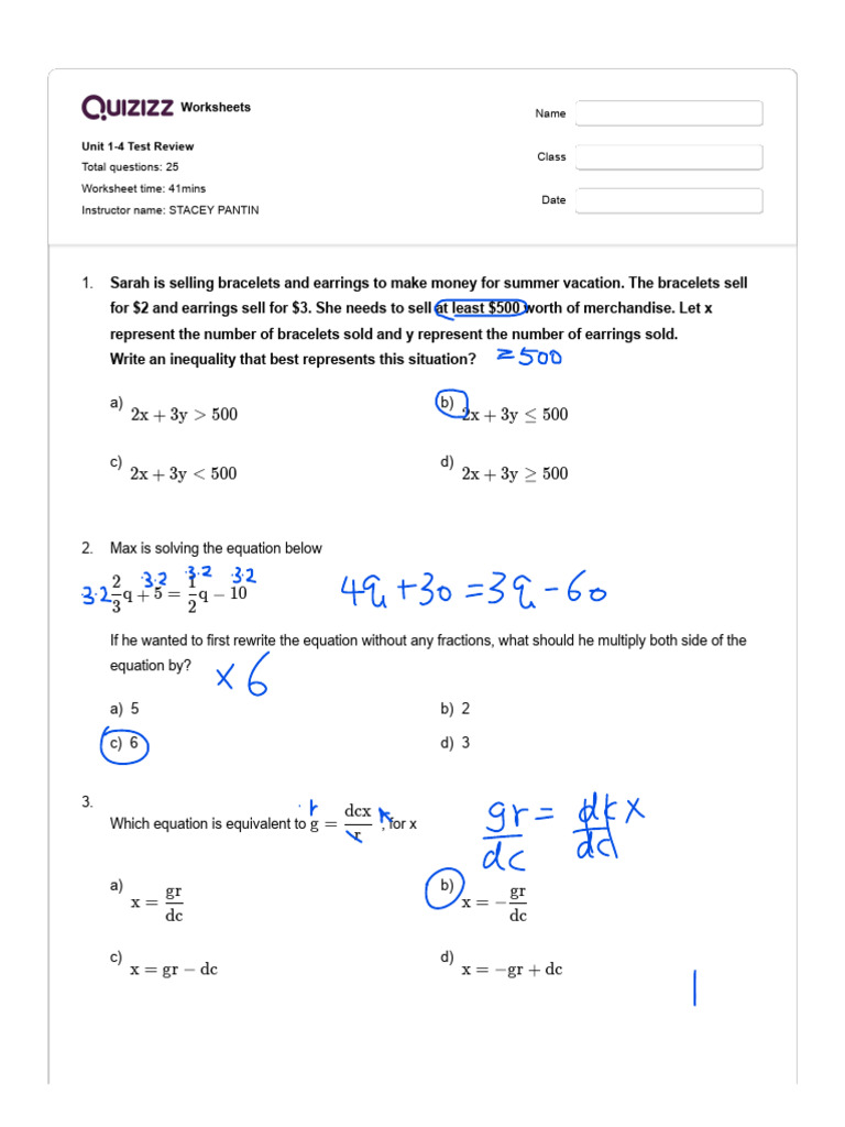 Unit 1-4 Test Review Answer Key | PDF | Mathematical Concepts ...