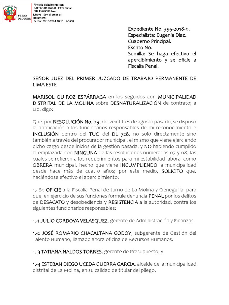 Exp 395 18 Jtple Idnl Marisol Quiroz Esparraga Oficio Fiscalia (R) | PDF | Finanzas y dinero