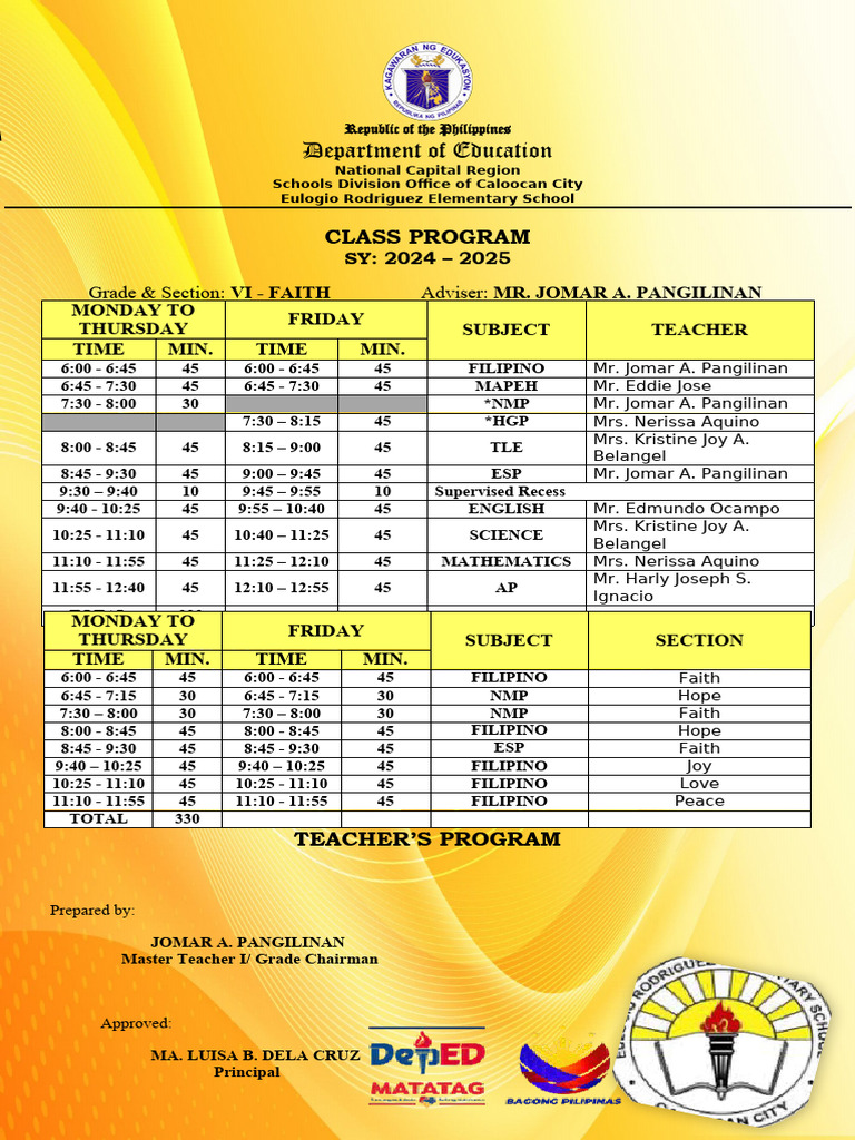 Grade 6 Class Schedule 2024-2025 | PDF | Philippines