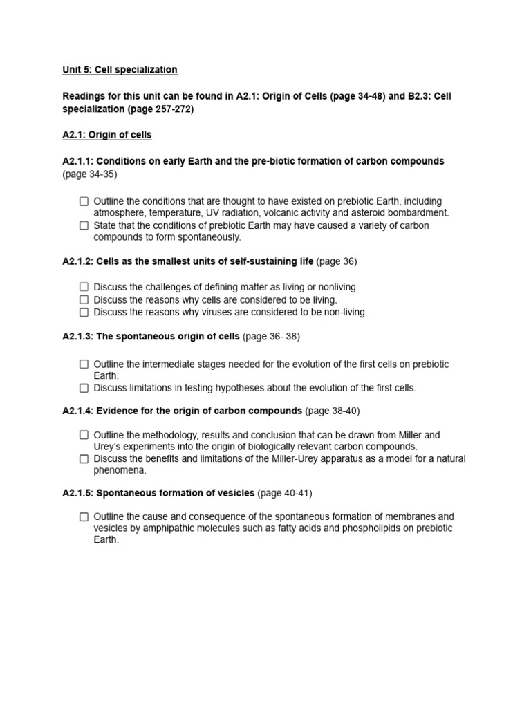Unit 5 Topic Checklist | PDF | Abiogenesis | Cell Potency