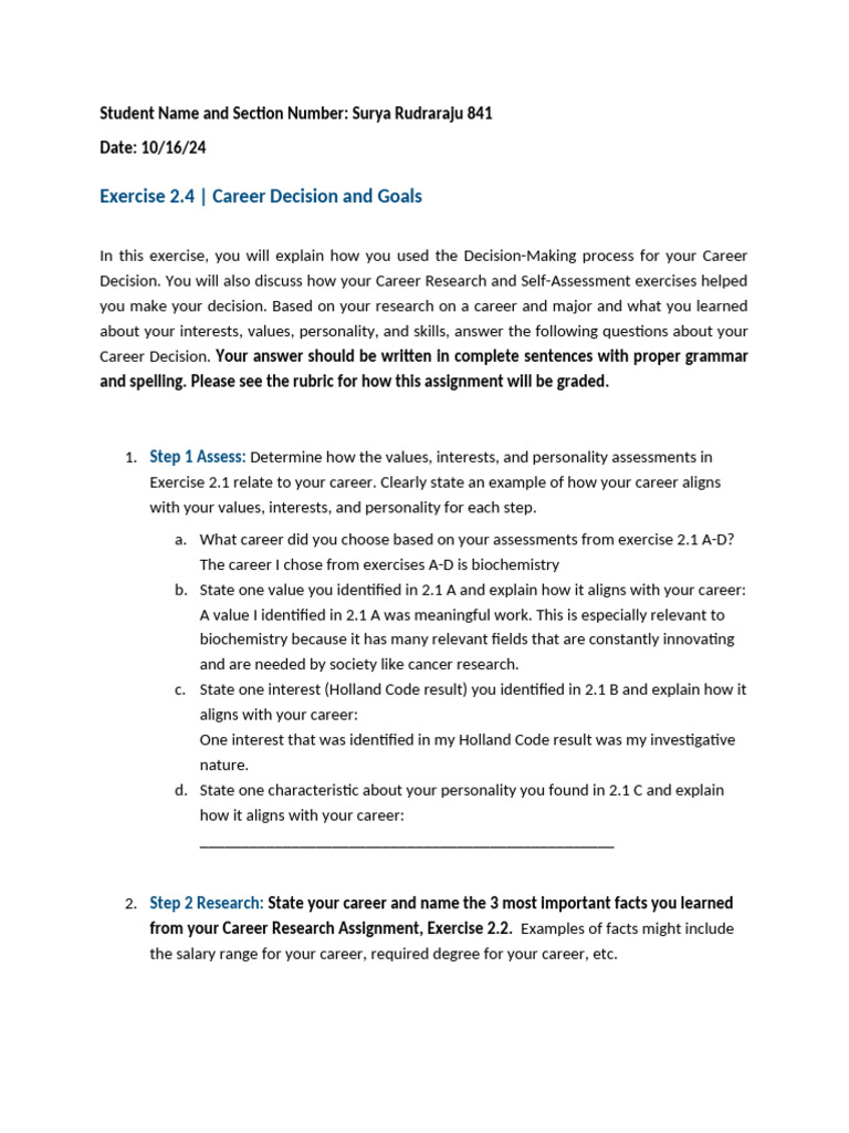 Exercise 2.4 Career Decision and Goals FA24 | PDF | Goal | Behavior Modification