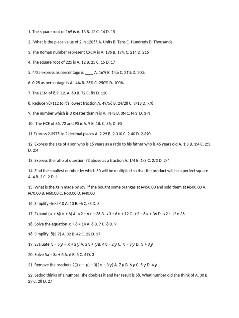 Mathematics Jss 2 Test | PDF | Ratio | Percentage Mathematics Jss 2 Test | PDF | Ratio | Percentage