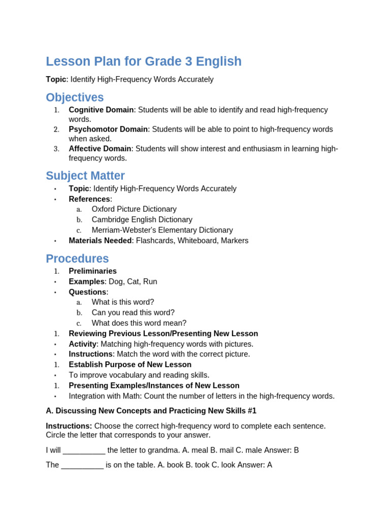 Grade 3 High-Frequency Words Lesson Plan | PDF | Cognitive Science ...