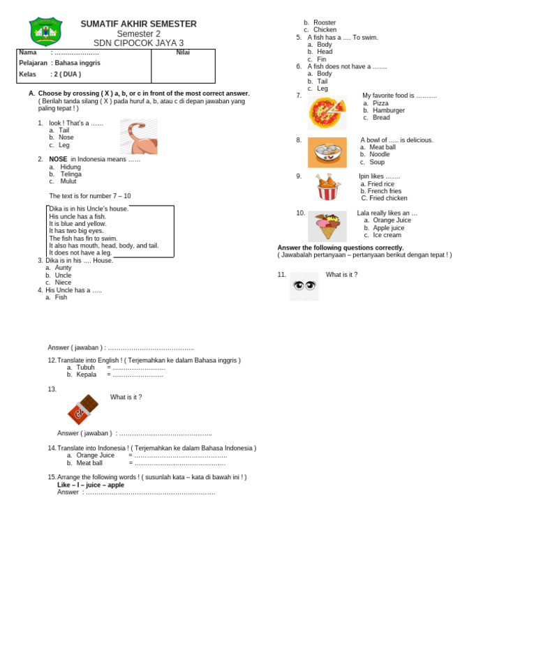 SUMATIF AKHIR SEMESTER. Kelas 2 | PDF | Food And Drink Preparation | Cooking