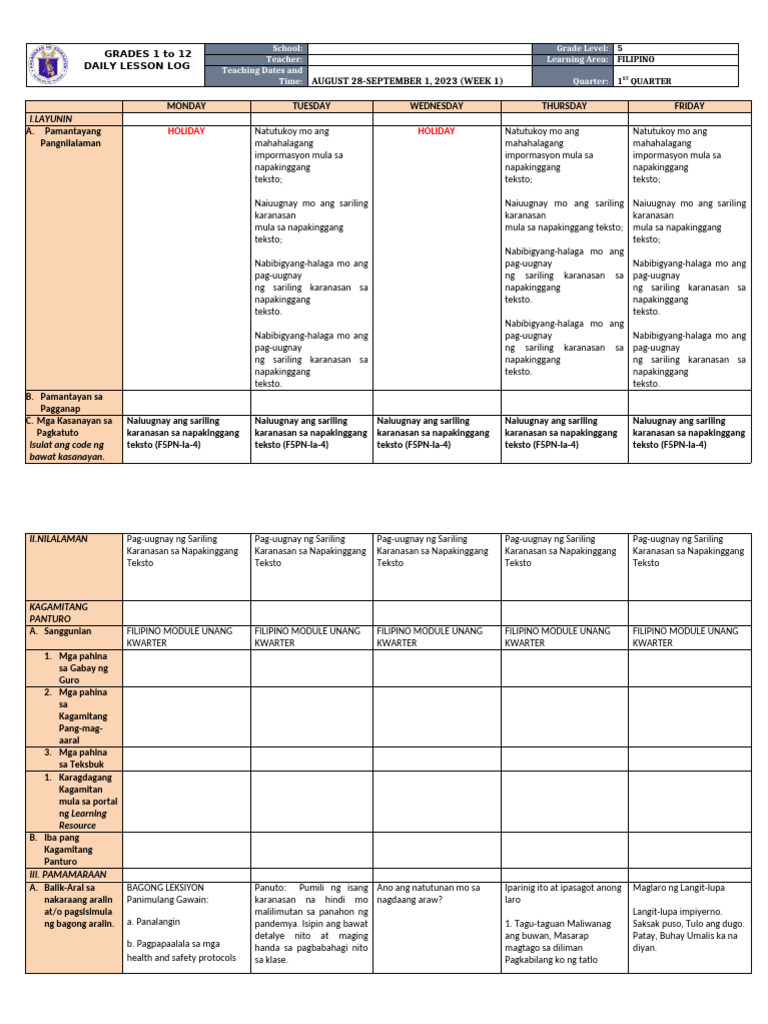 DLL Week 1 Filipino | PDF