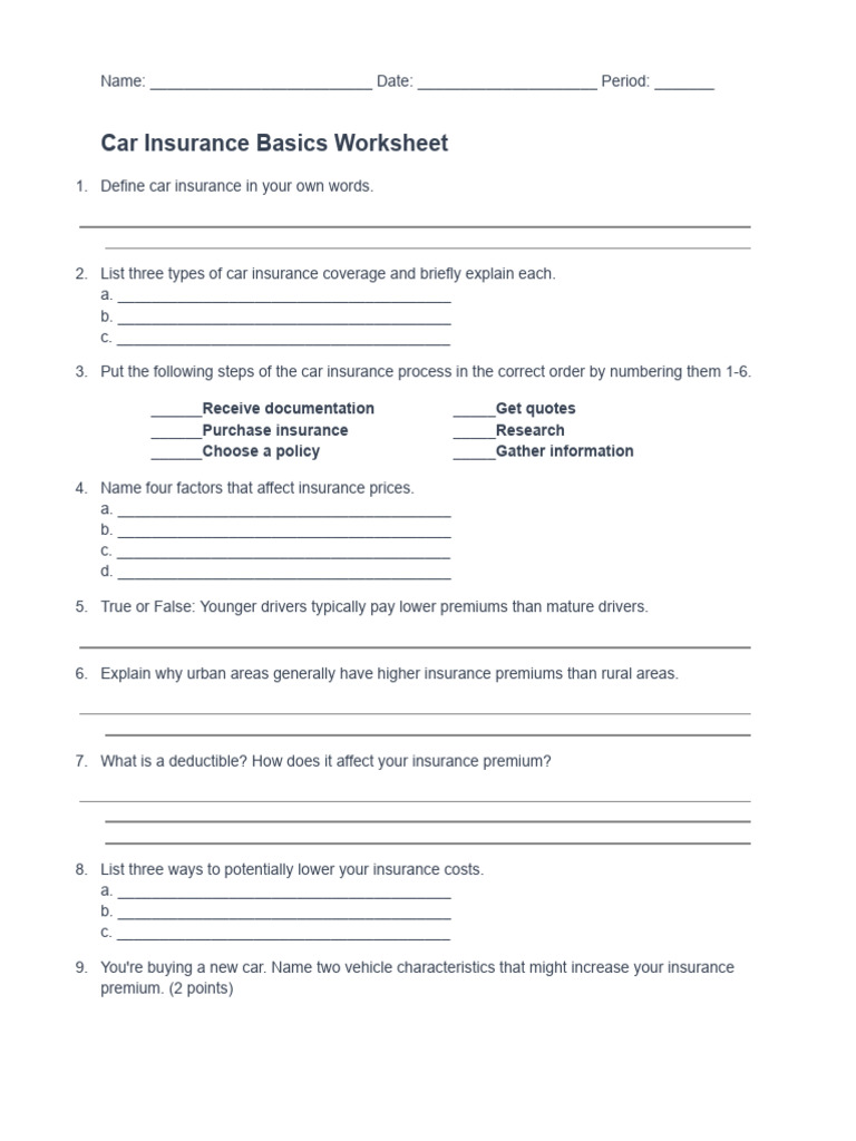 Car Insurance Basics Worksheet | PDF