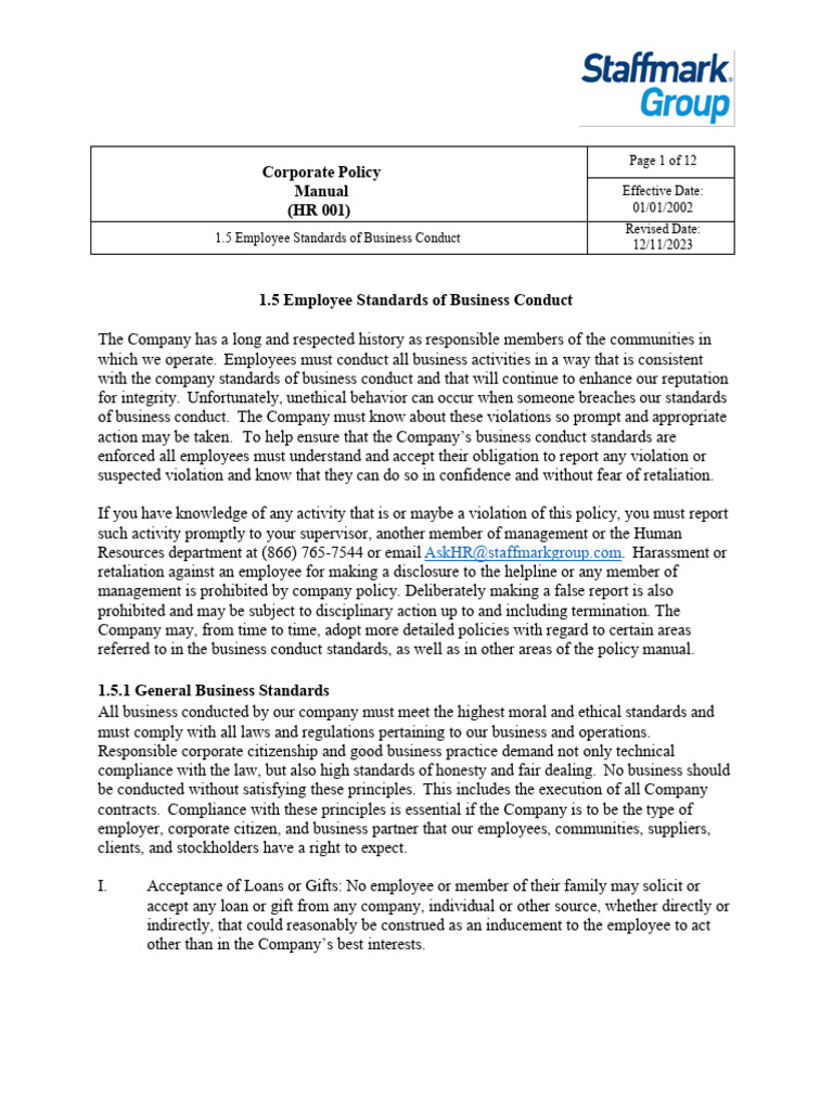 Employee Standards of Business Conduct | PDF | Sexual Harassment ...