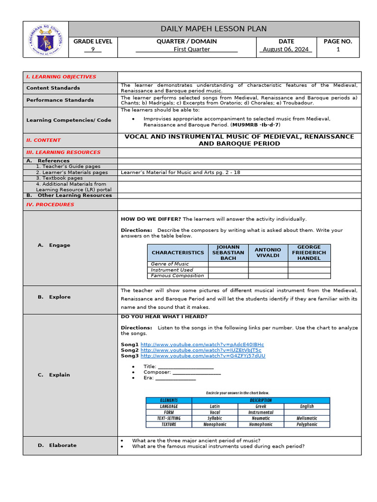 Grade 9 MAPEH Lesson Plan: Music Eras | PDF | Baroque Music | Lesson Plan
