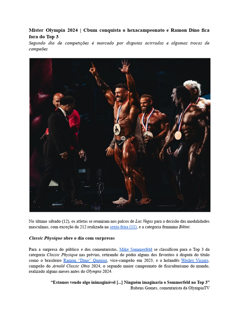 Cbum conquista hexacampeonato no Olympia 2024 | PDF