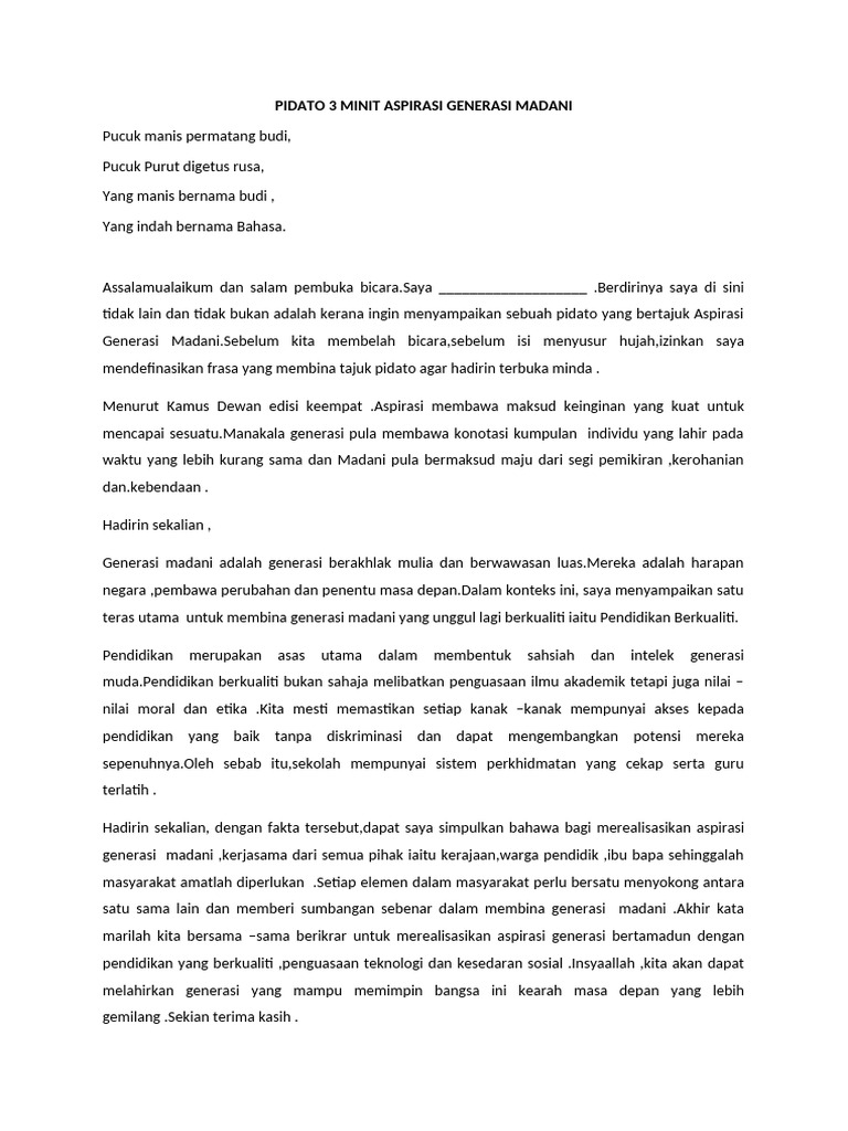 Pidato 3 Minit Aspirasi Generasi Madani 2024 | PDF | Karier & Perkembangan