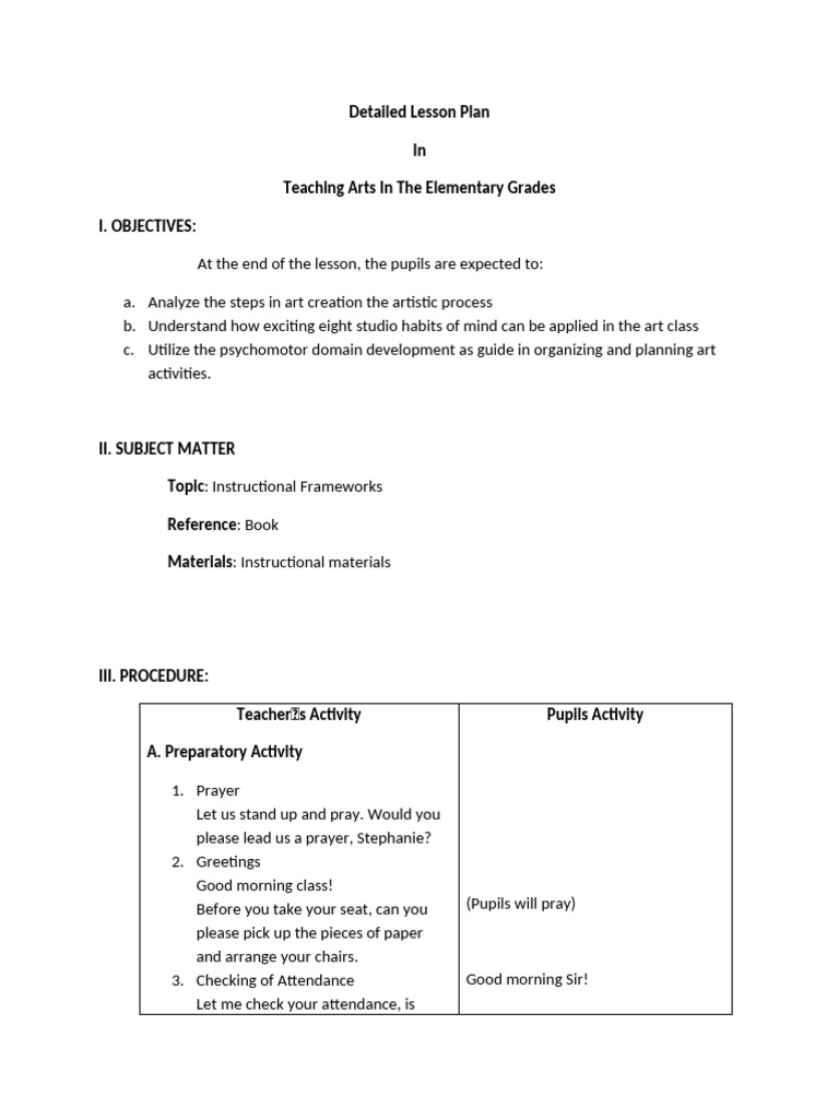 Elementary Arts Lesson Plan | PDF | Learning | Psychology
