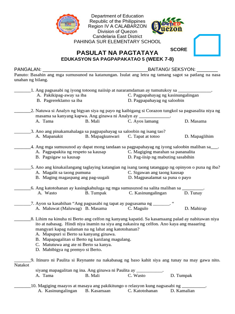 Pasulat Na Pagtataya: Edukasyon Sa Pagpapakatao 5 Score | PDF