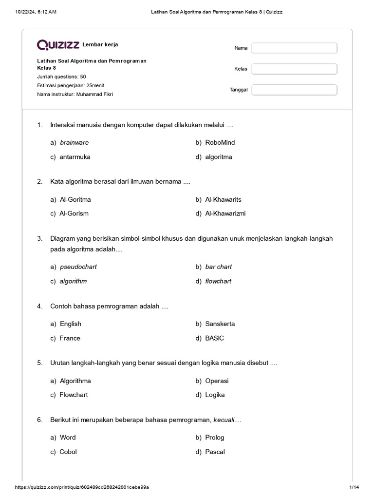 Latihan Soal Algoritma Dan Pemrograman Kelas 8 - Quizizz | PDF