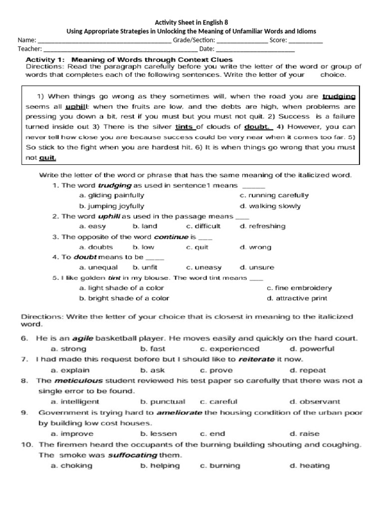 Activity Sheet in English 8Q1-Collocation. Idioms,context Clues | PDF