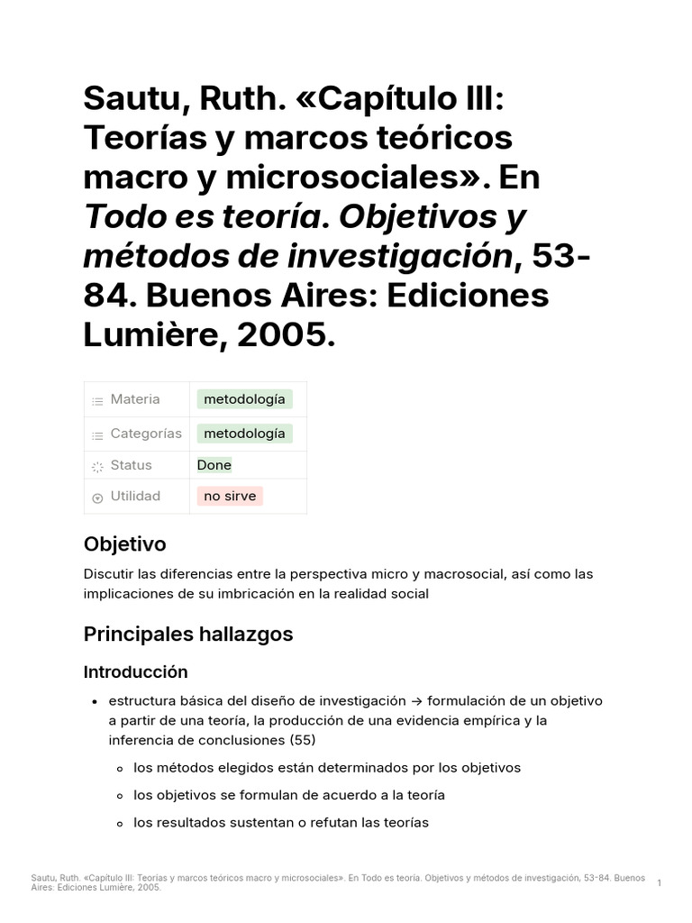 Teoría y Marcos Teóricos Micro y Macro Sautu | PDF | Teoría | Análisis