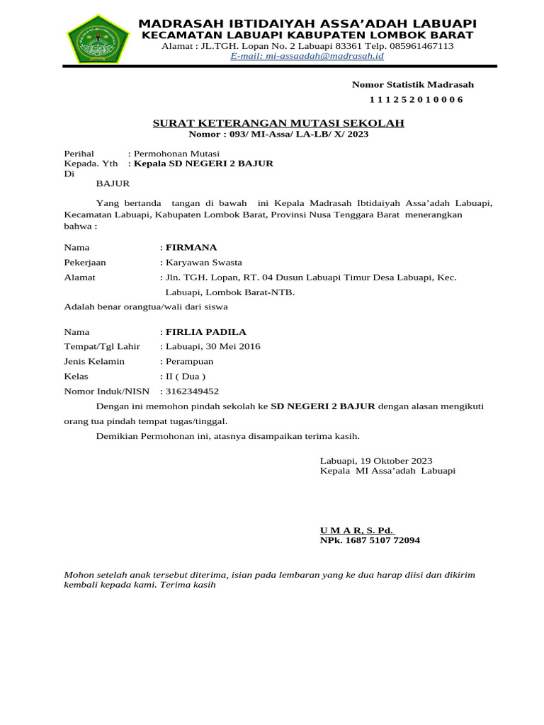 Surat Mutasi (Pindah) Firlia Padila | PDF