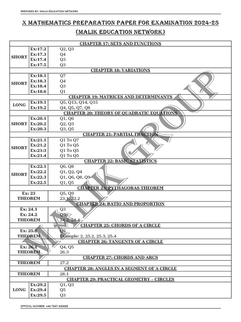 X Math Preparation Paper 2025 - Malik Group | PDF | Mathematics ...