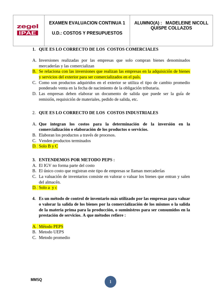 Ev1 Costos | PDF | Presupuesto | Economias