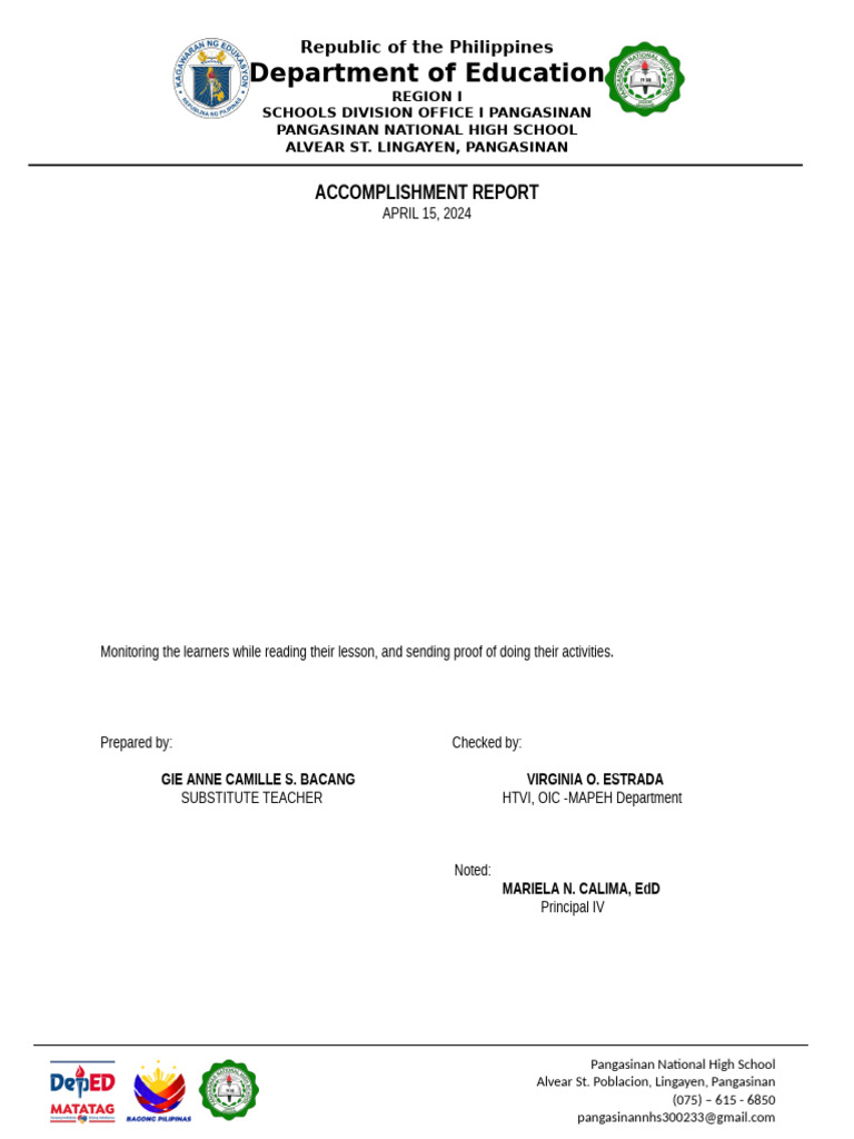 Accomplishment Report April 15 | PDF
