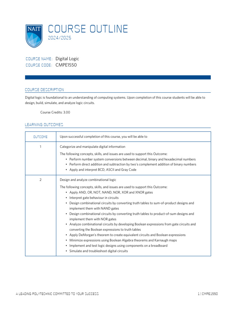 Course Outline Cmpe1550 2024 Pdf Boolean Algebra Teaching Mathematics 