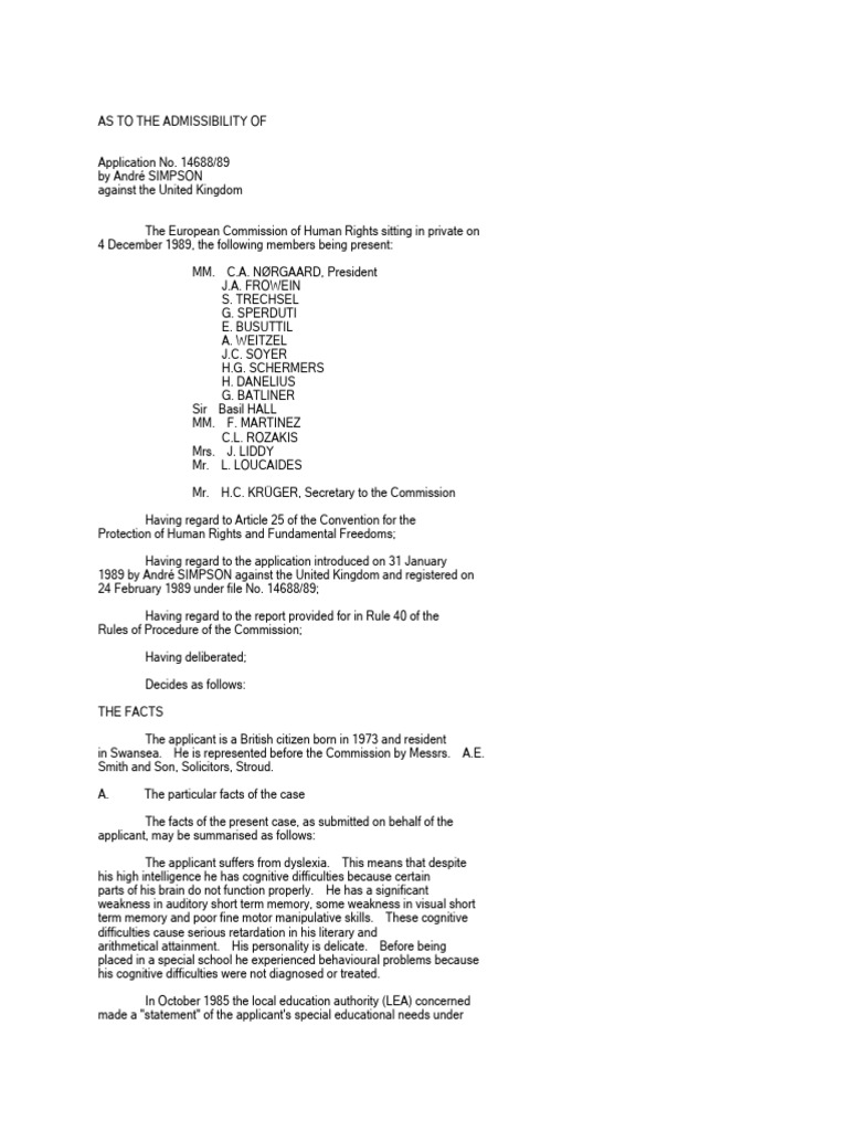 Admissibility of Simpson v. UK Case | PDF | Treaty | Special Education