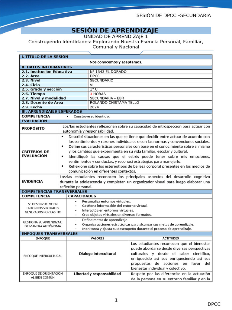 1º .2 Ses Act 1 - DPCC 2024 | PDF | Maestros | Aprendizaje