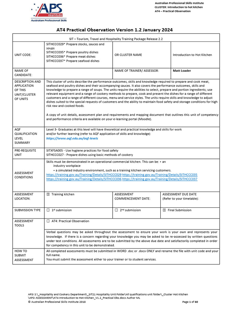 AT4 Introduction To Hot Kitchen - V1.2 - TERM 2 2024 | PDF | Menu | Sauce