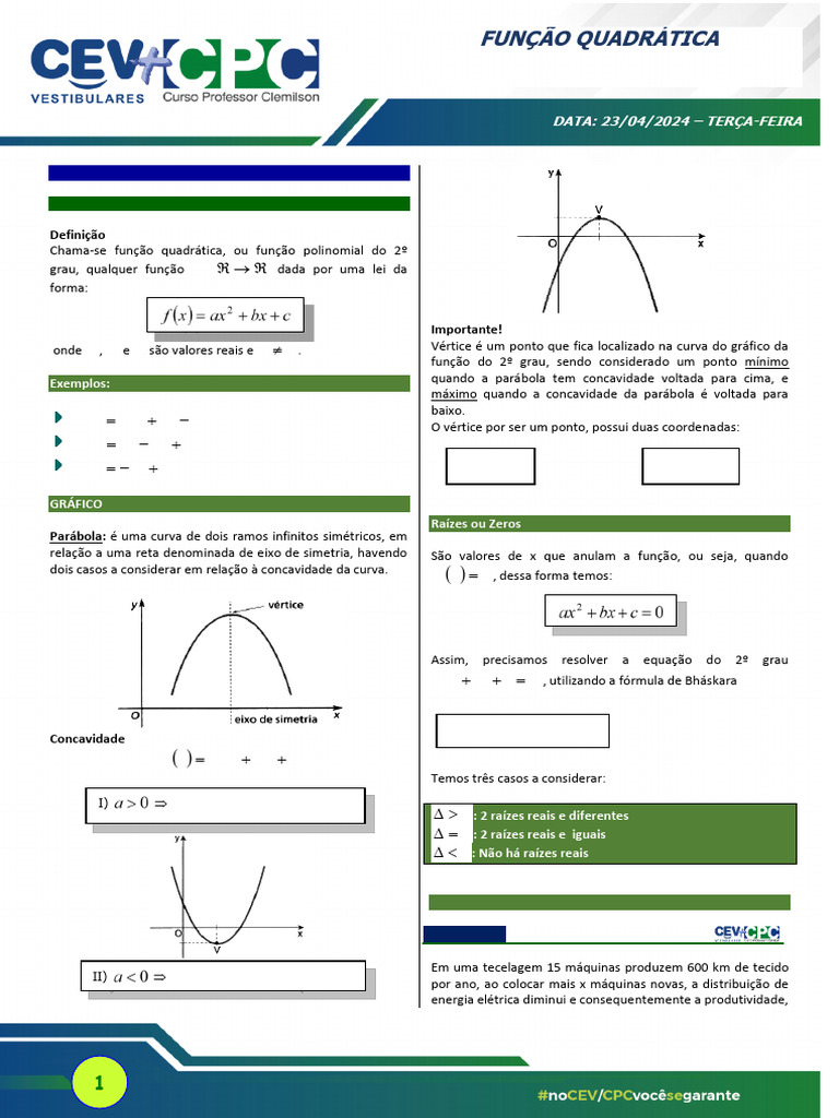 Função Quadrática: Definição e Exemplos | PDF | Equação quadrática ...