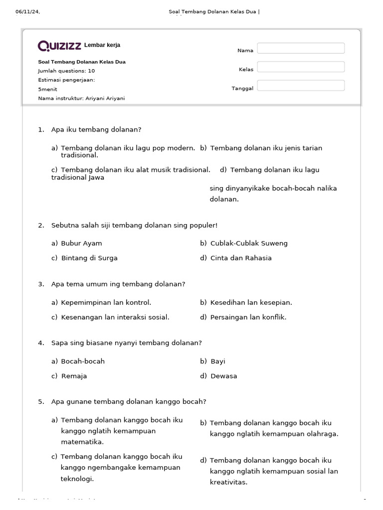 Soal Tembang Dolanan Kelas Dua - Quizizz | PDF