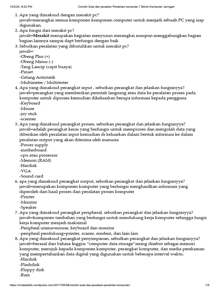 Contoh Soal Dan Jawaban Perakitan Komputer - Teknik Komputer Jaringan | PDF | Komputer