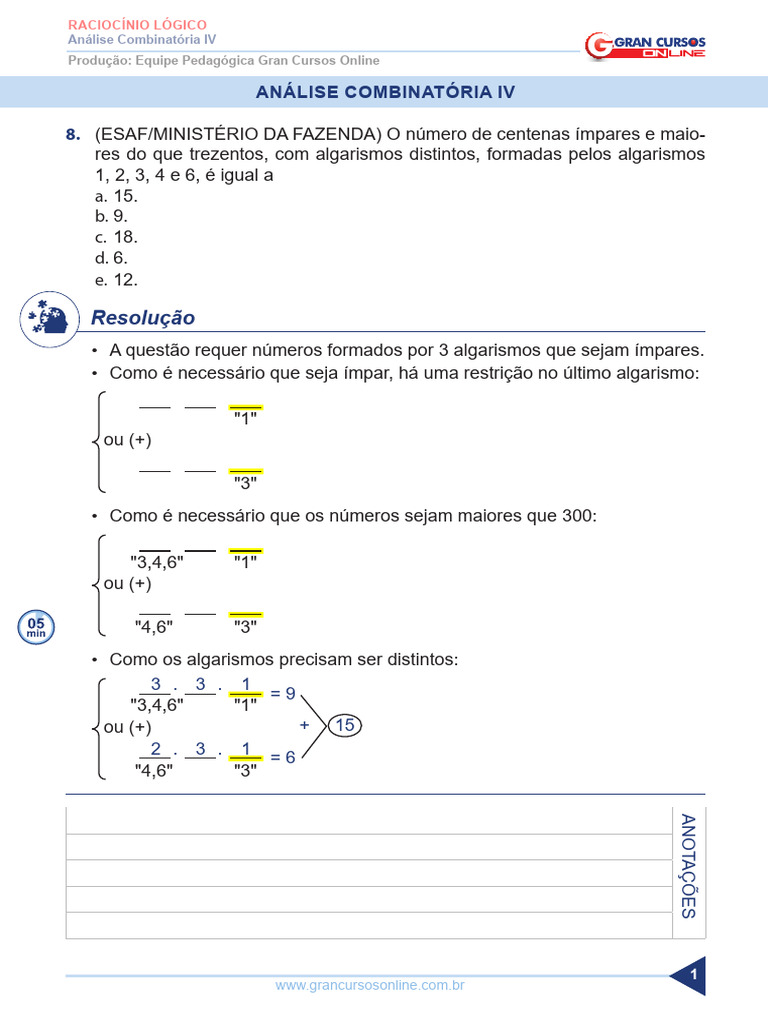 Raciocinio Logico 2017 Aula 48 Analise Combinatoria IV | PDF | Combinatória | Matemática