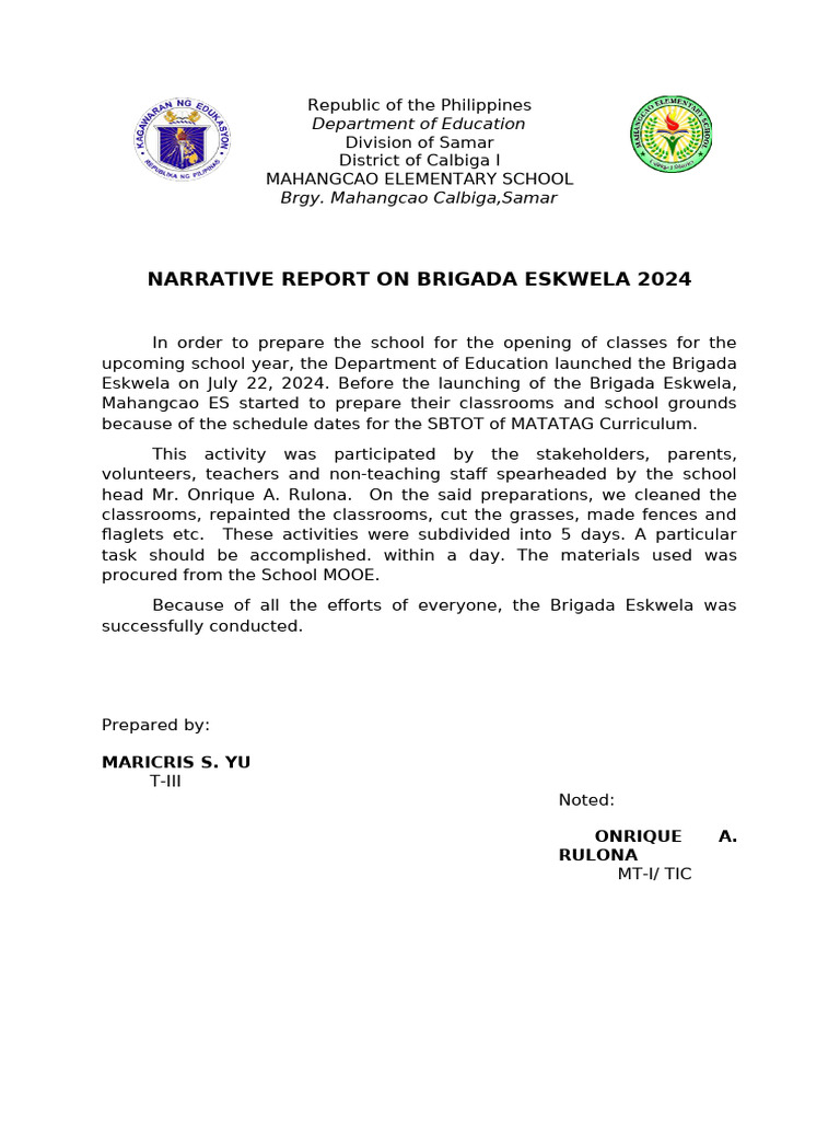 Narrative Report On BE 2024 | PDF