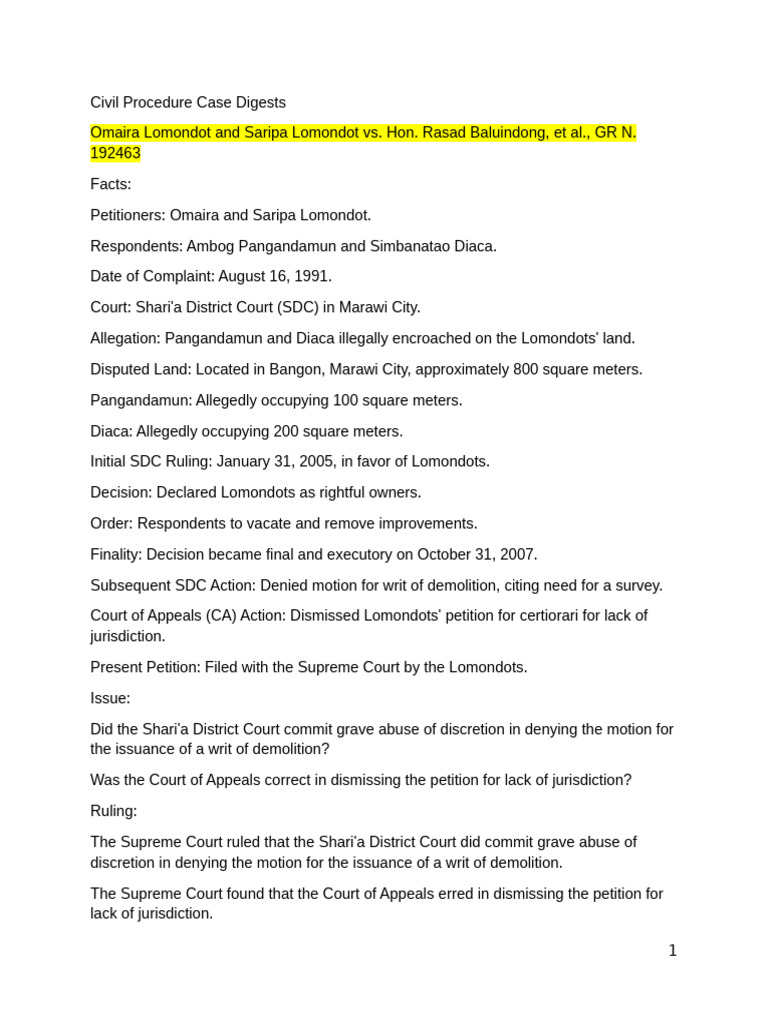 Civil Procedure Case Digests | PDF | Certiorari | Appeal