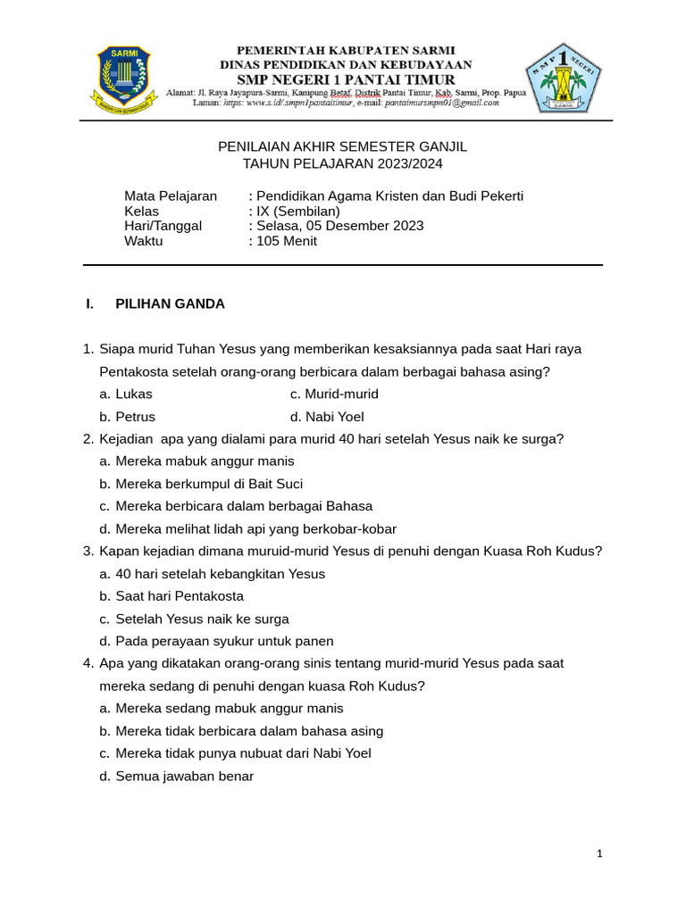 Soal Unjian Semester Ganjil Kelas IX | PDF