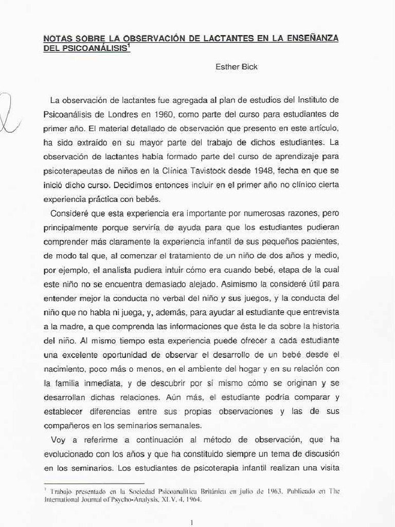 BICK, ESTHER Notas Sobre La Observación de Lactantes en La Enseñanza ...