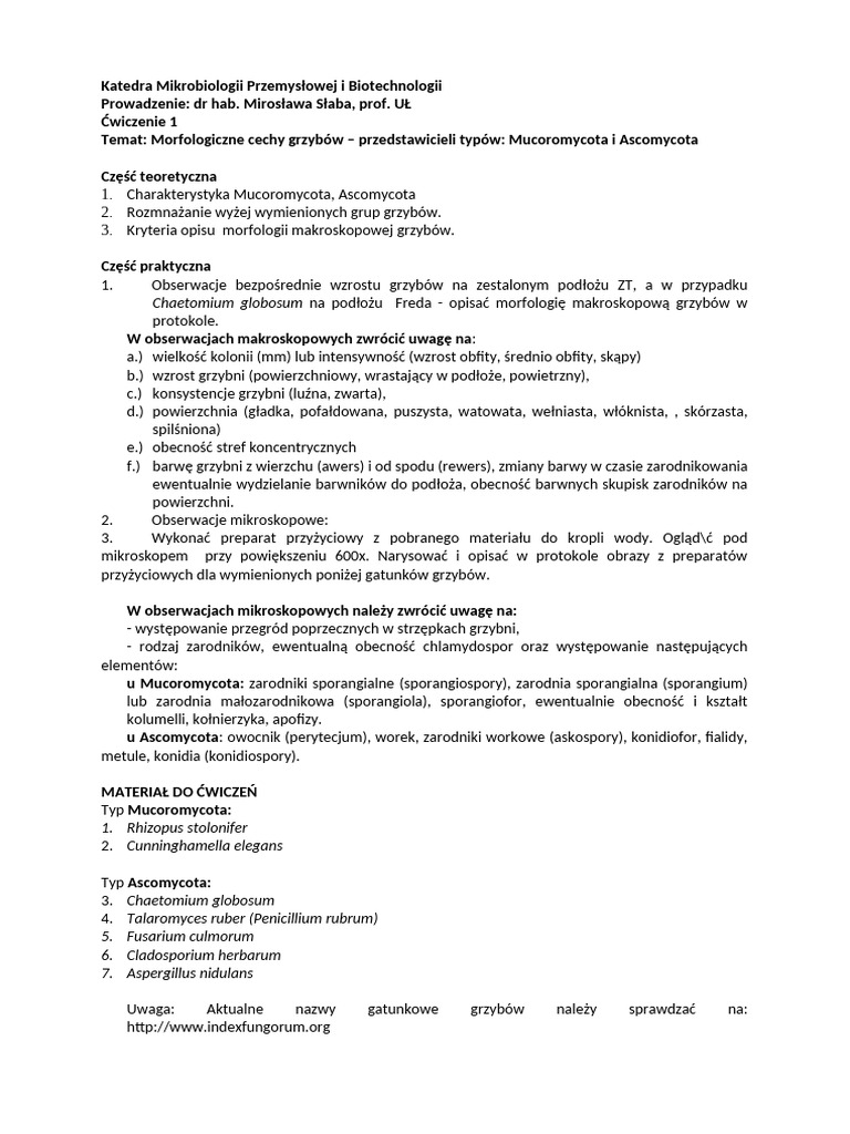 Cw1 - Morfologia Grzybów Grzybow | PDF