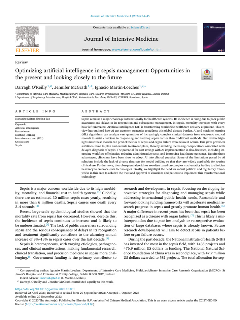 2024 - Optimizing Artificial Intelligence in Sepsis Management ...