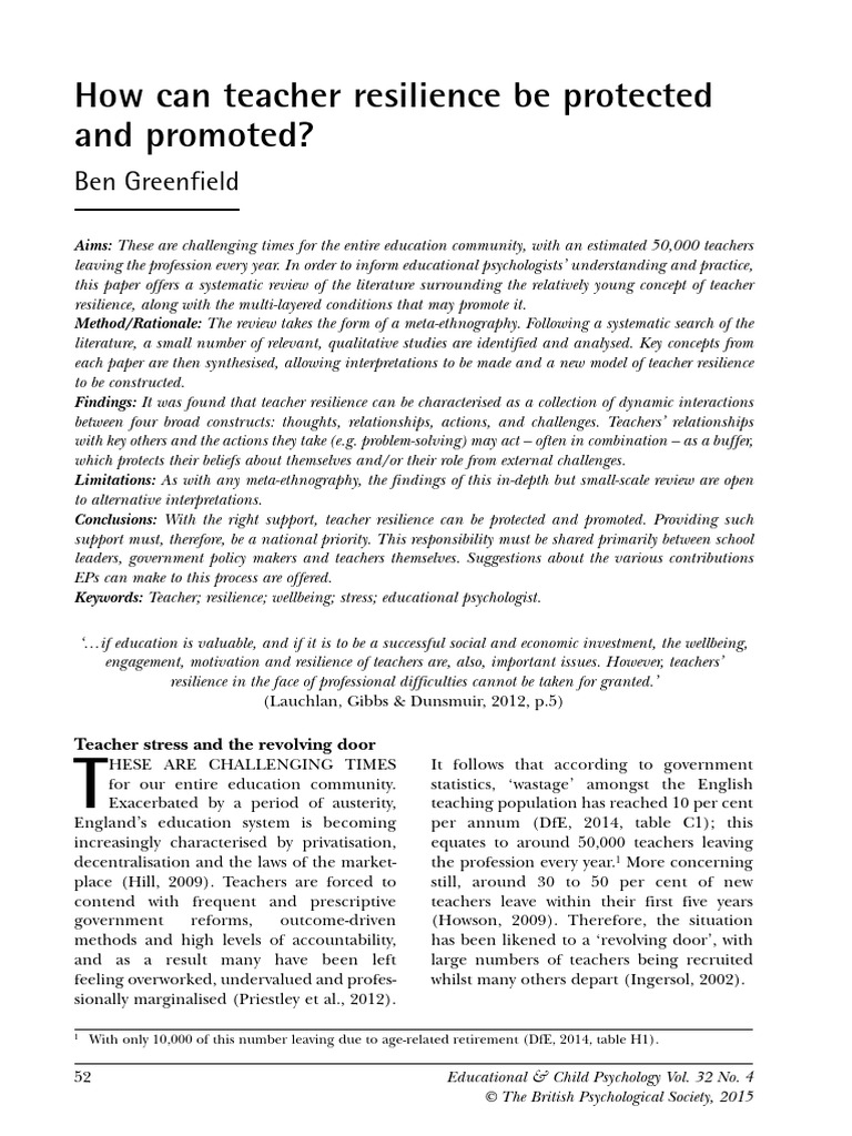 Greenfield - 2015 - How Can Teacher Resilience Be Protected and ...