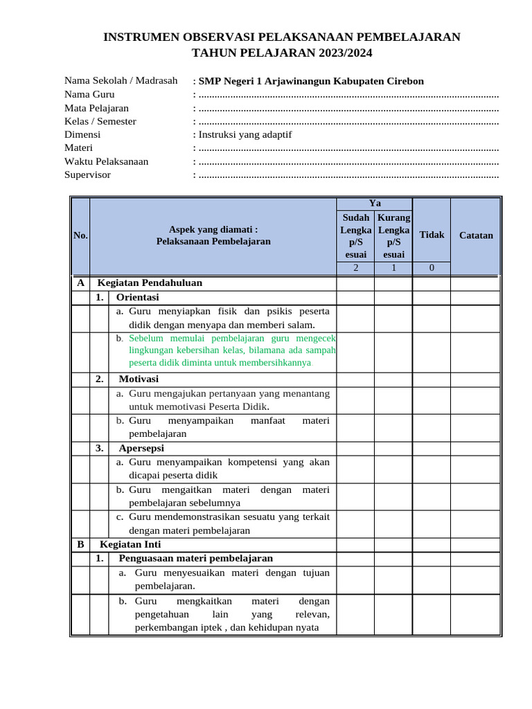 Instrumen Observasi Instruksi Yang Adaptif | PDF