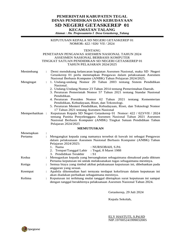 SK Panitia, PRoktor, Teknisi, Pengawas ANBK Tahun 2024 | PDF